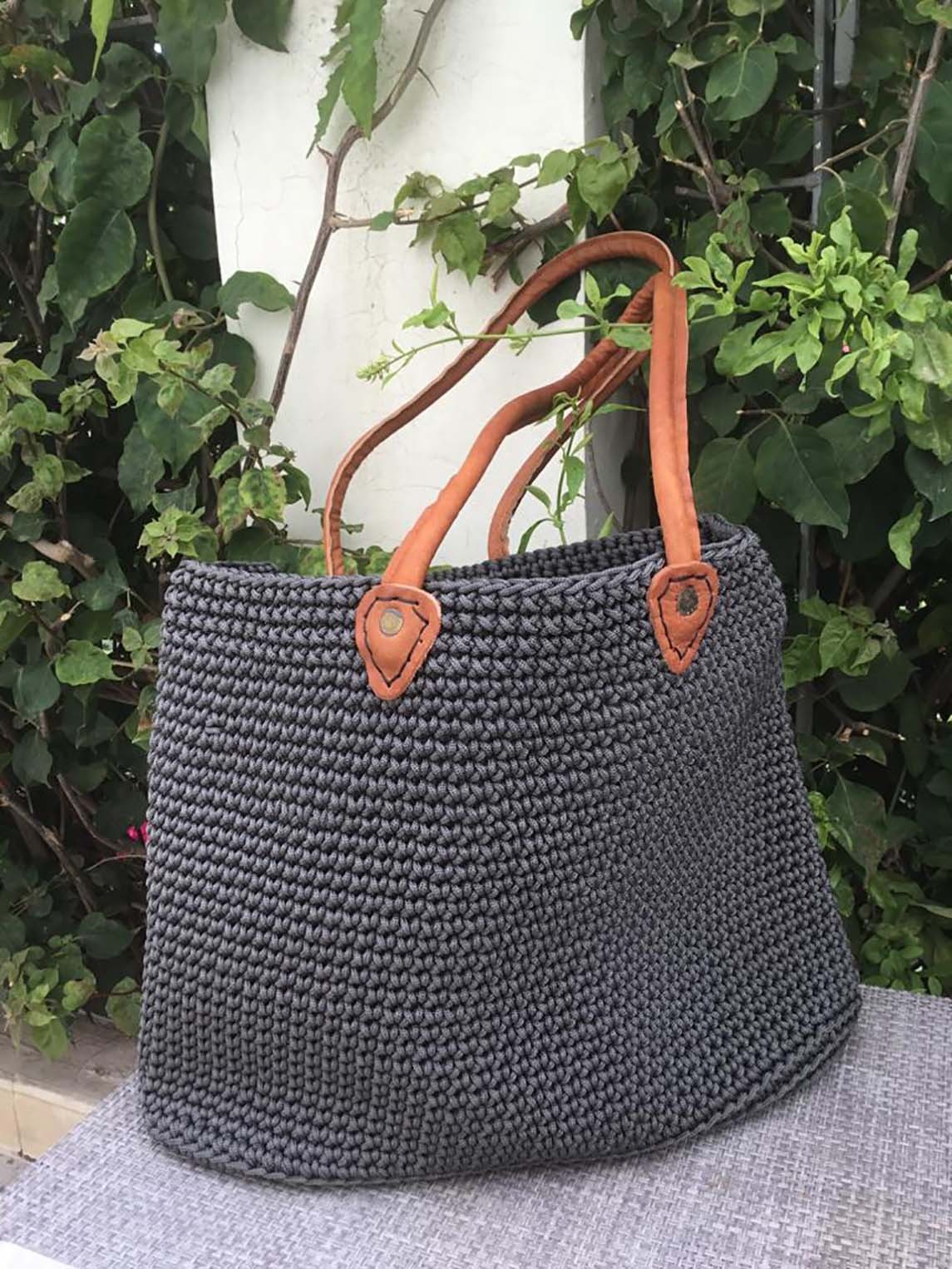 Rectangular Cotton Crochet Tote with Leather Handles – Scents & Feel
