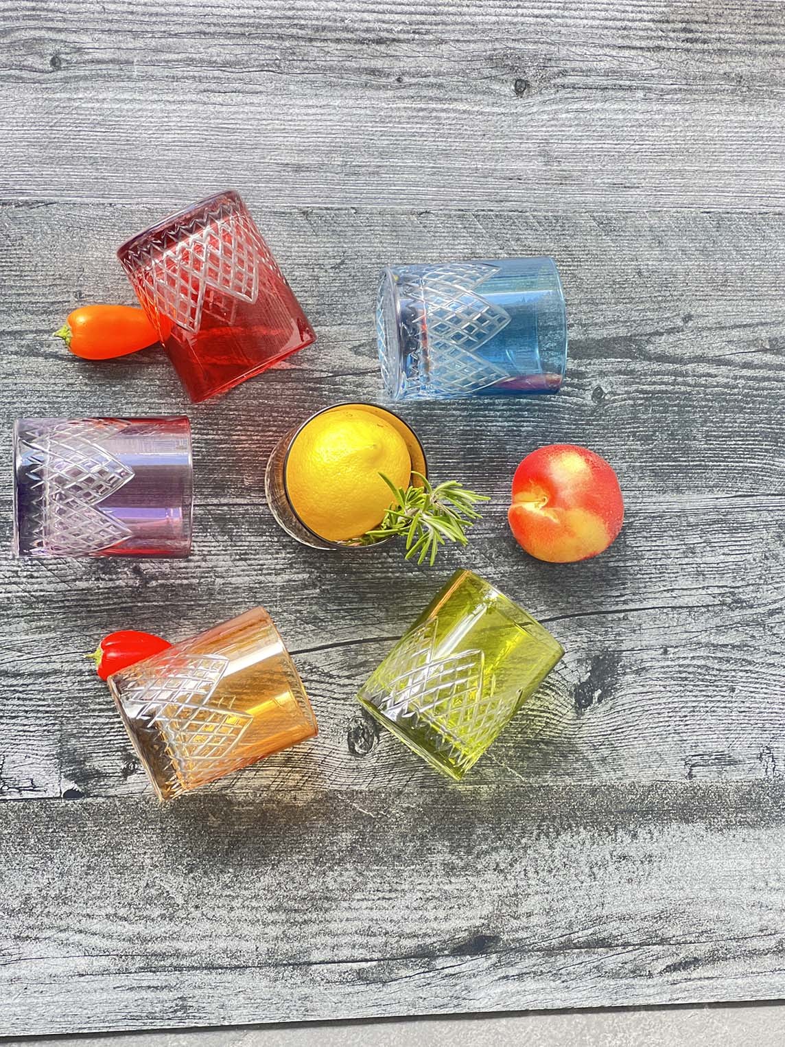 Set of 6 Drinking Color Glasses Carved Pyramid – Scents & Feel