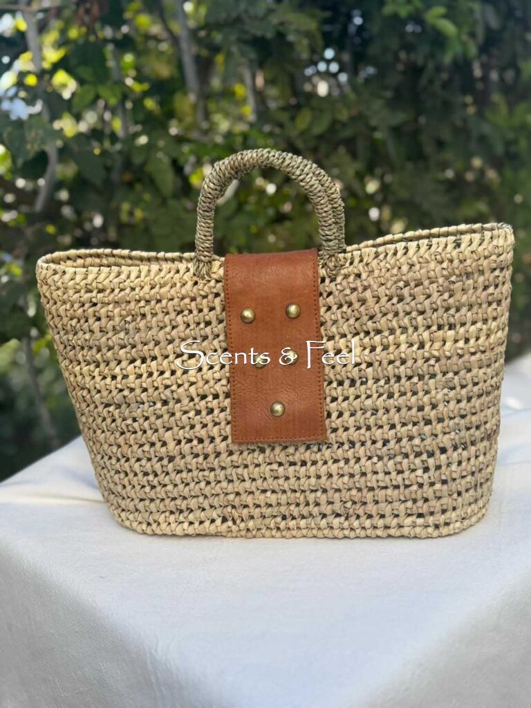 Straw Tote with Leather details and Gold Studs - Scents & Feel